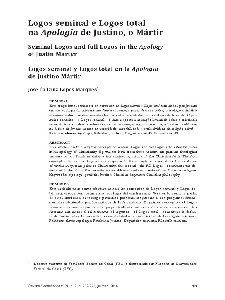 Logos Seminal em Justino o Martir | PDF | Deus | Logos (cristianismo)