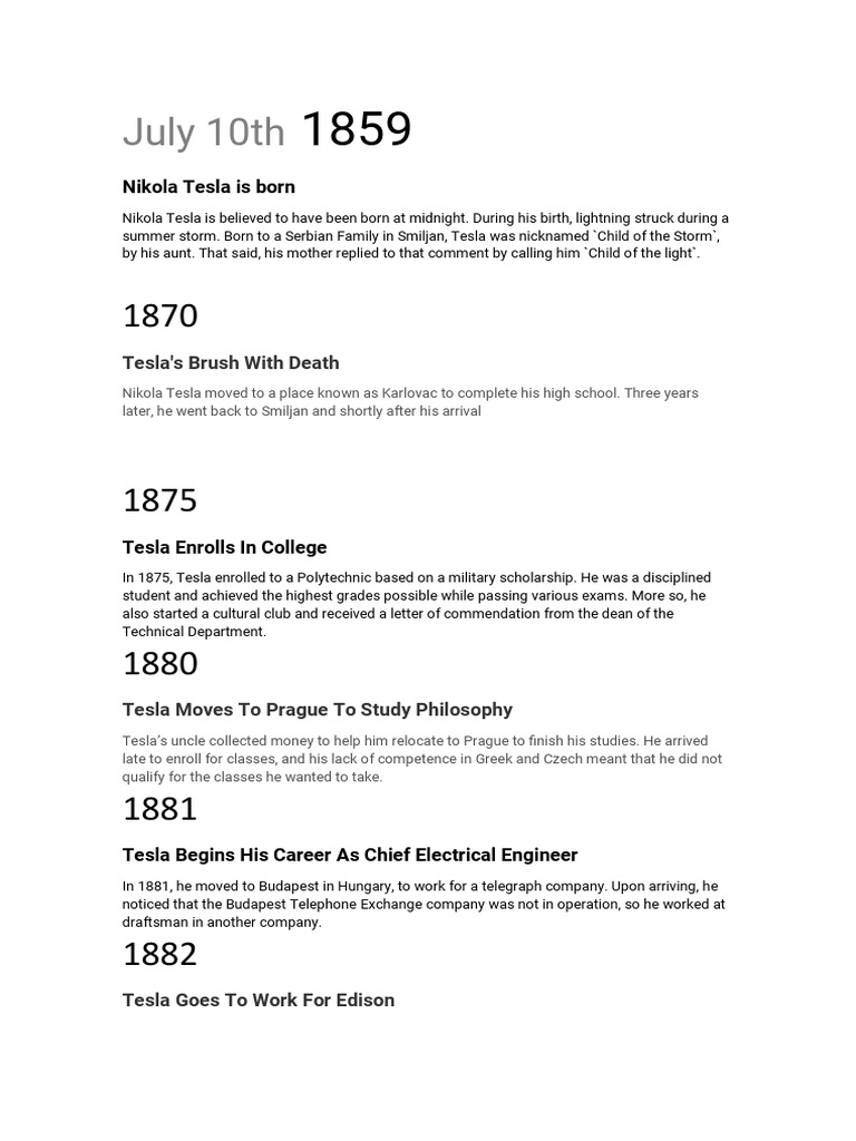 Nikola Tesla Time Line Info | PDF | Nikola Tesla | Electric Motor