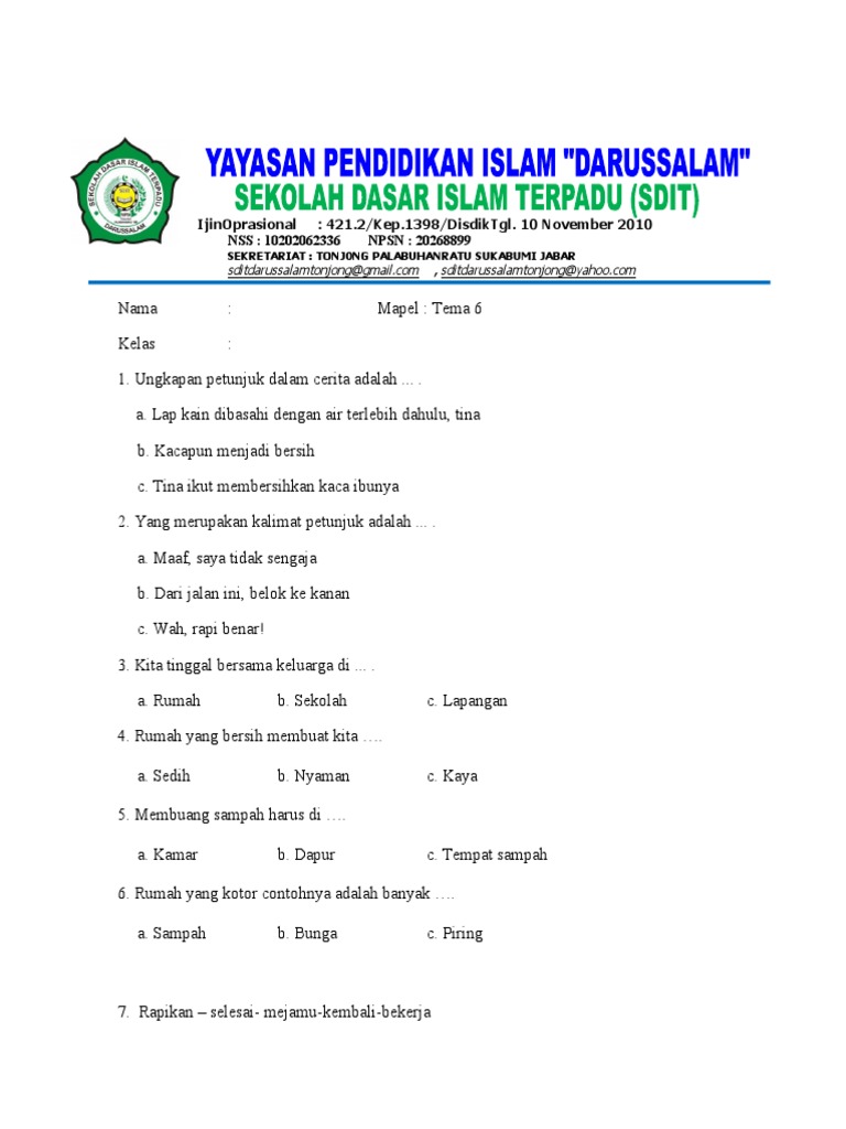 Soal UTS Tema 6 Kelas 1 | PDF