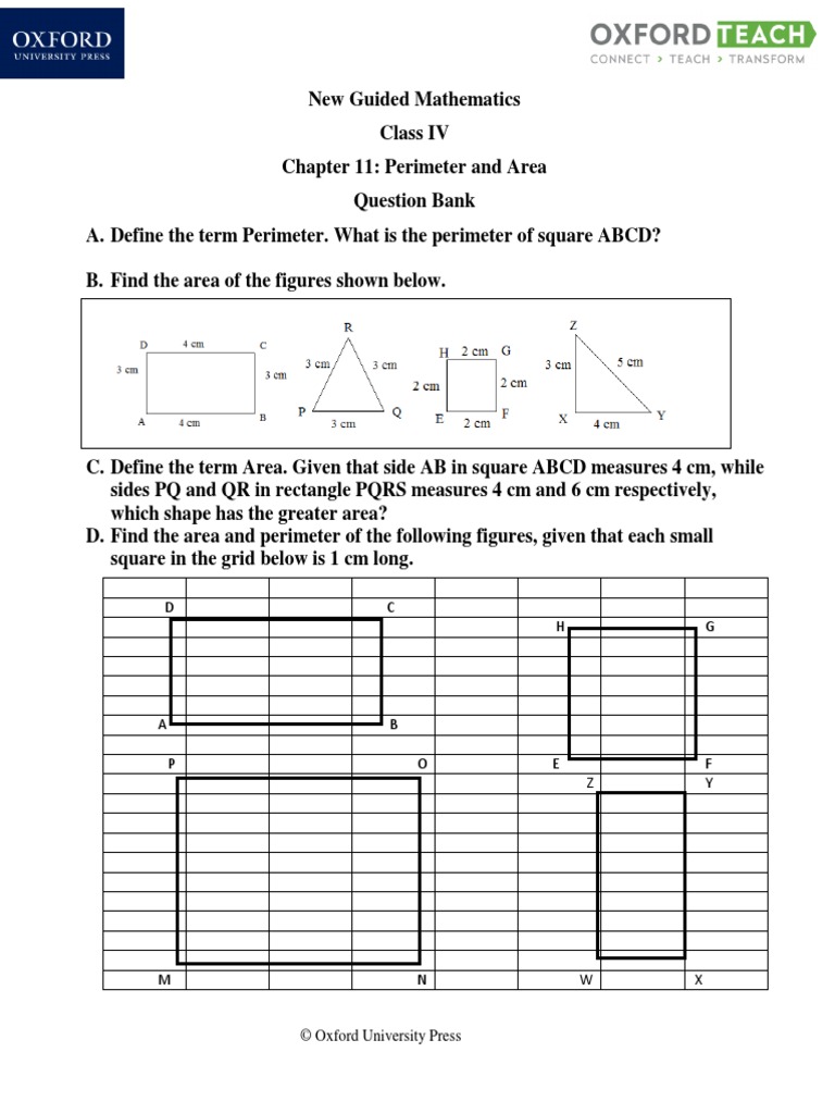 Class IV Perimeter and Area Question Bank | PDF
