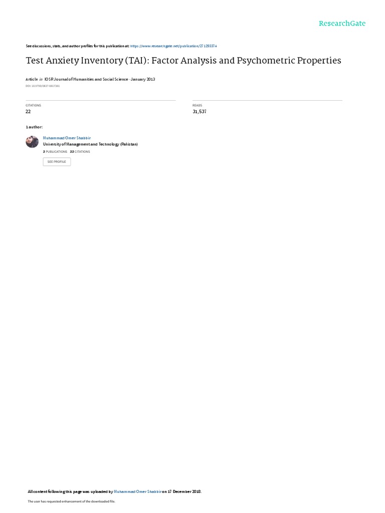 Test Anxiety Inventory TAI Factor Analysis and Psy | PDF | Factor ...