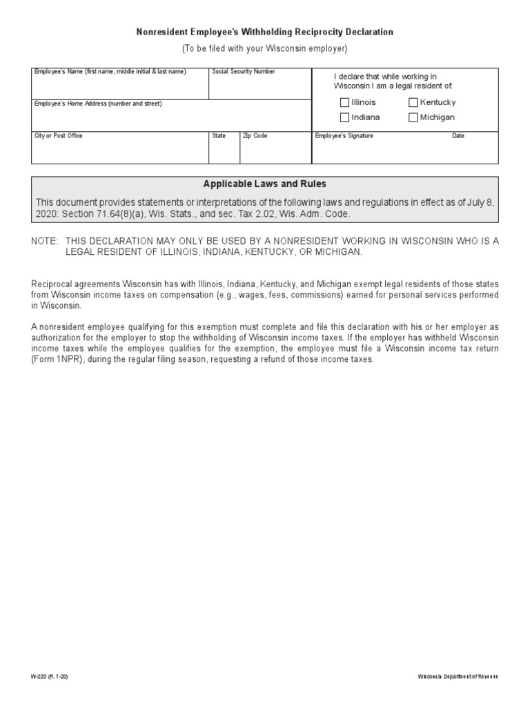 Wisconsin Nonresident Tax Exemption Form | PDF