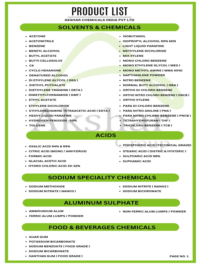 Akshar Group Product List ( | PDF | Ethanol | Benzene