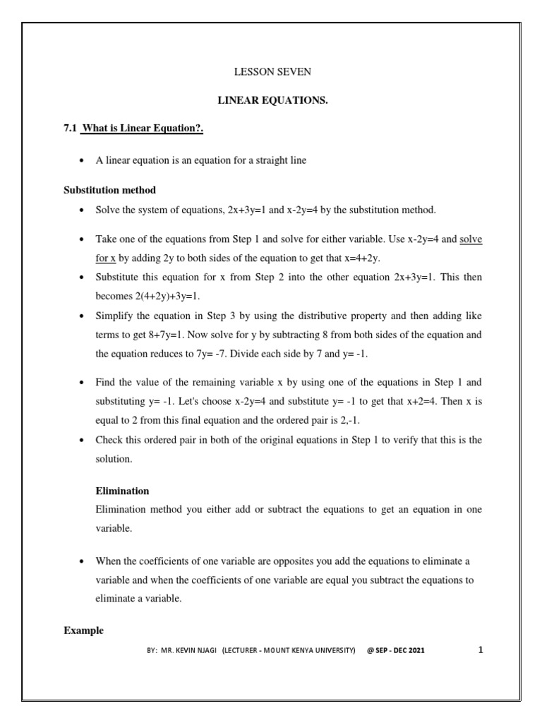 Lesson 7 Linear Equations. | PDF | Equations | System Of Linear Equations