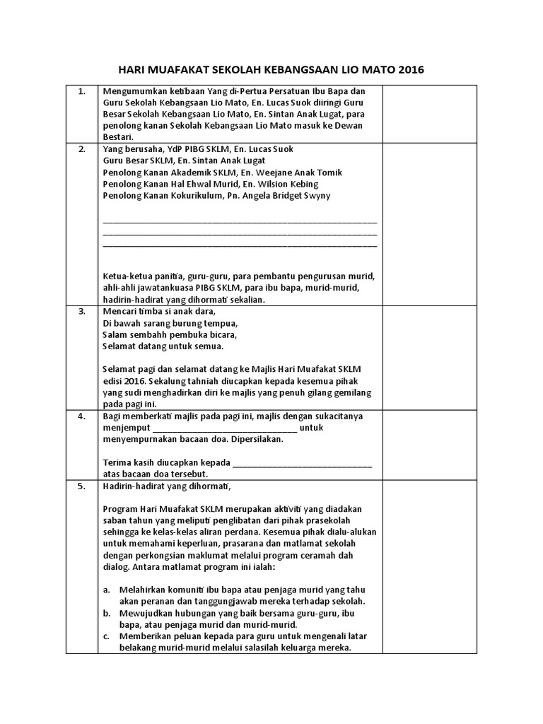 Teks MC Hari Muafakat SKLM 2016.. | PDF