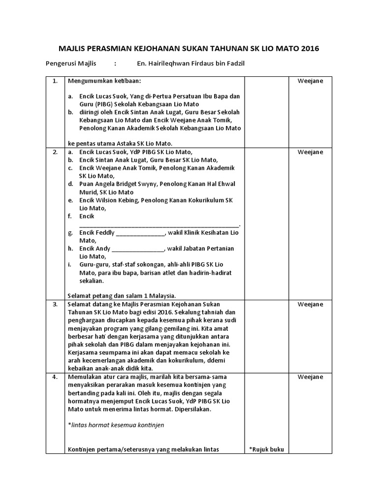 Teks MC Kejohanan Sukan Tahunan SK Lio Mato 2016.. | PDF
