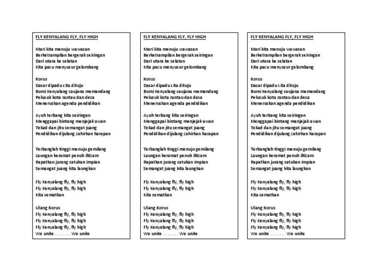 Lirik Lagu 'Fly Kenyalang Fly, Fly High'.. | PDF