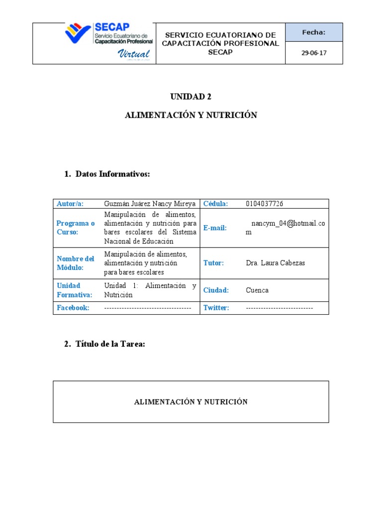 Tarea - Unidad 2 - Alimentacion y Nutricion - Nancy Mireya - Guzmán ...