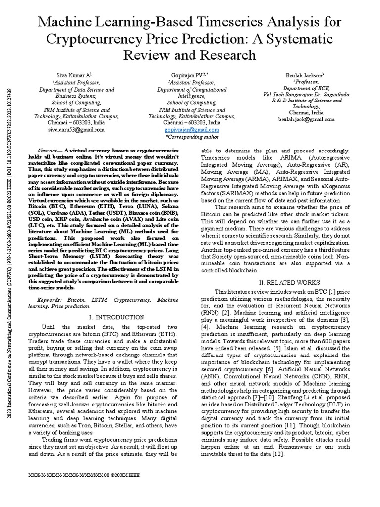 Machine Learning Based Timeseries Analysis For Cryptocurrency Price Prediction A Systematic