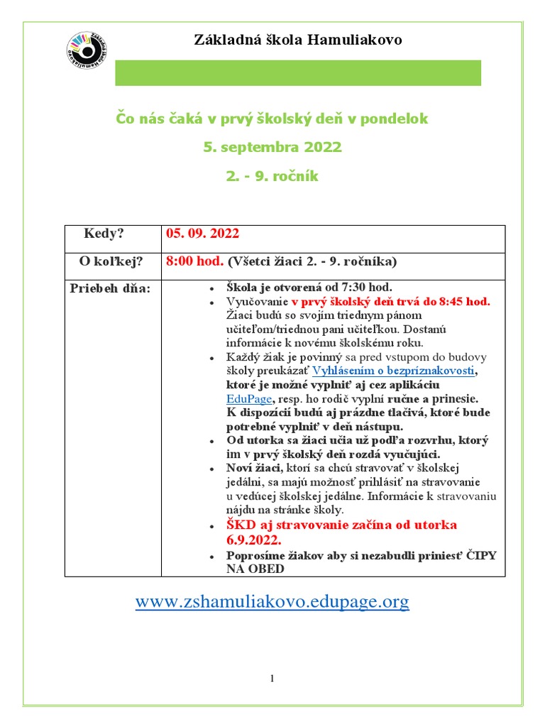 Co Nas Caka V 1. Skolsky Den - 2.-9. Rocnik | PDF