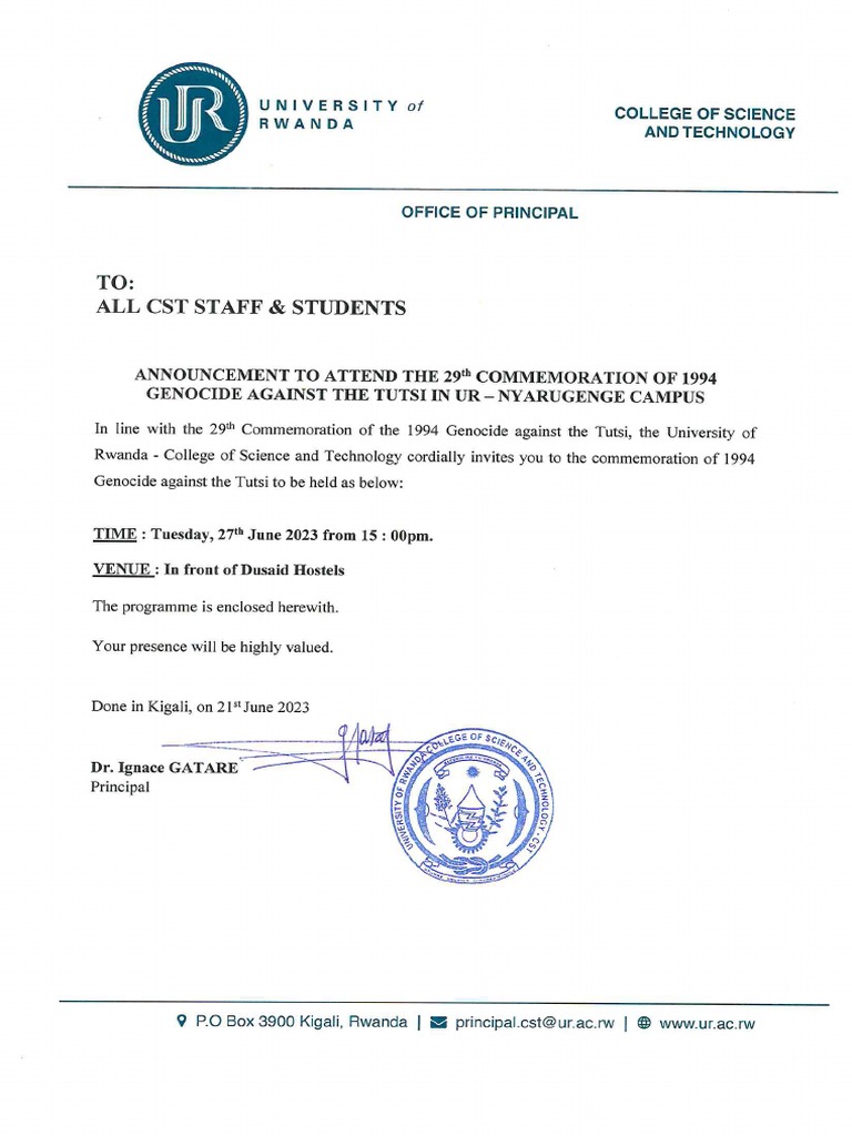 Ubutumire Kwibuka 29 To All Staff and Students | PDF