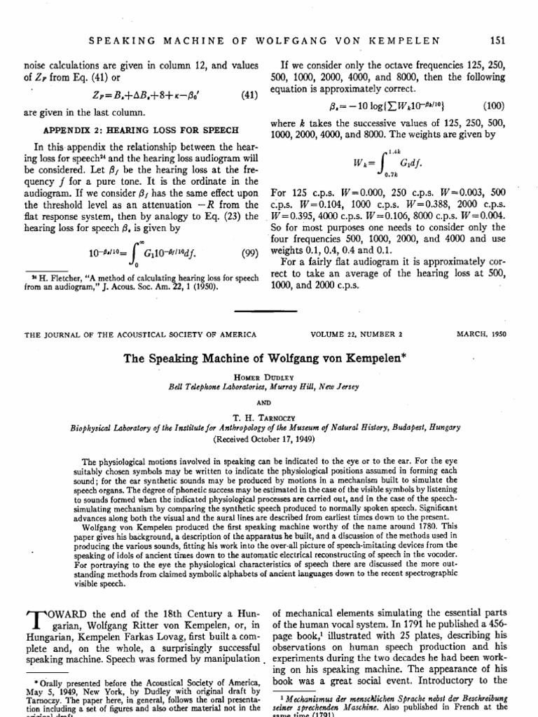 The Speaking Machine of Wolfgang Von Kempelen (Homer Dudley and T. H ...