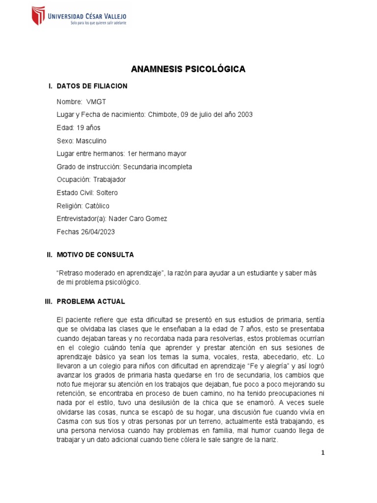 Anamnesis Psicológica de VMGT | PDF | Aprendizaje | Pesadilla