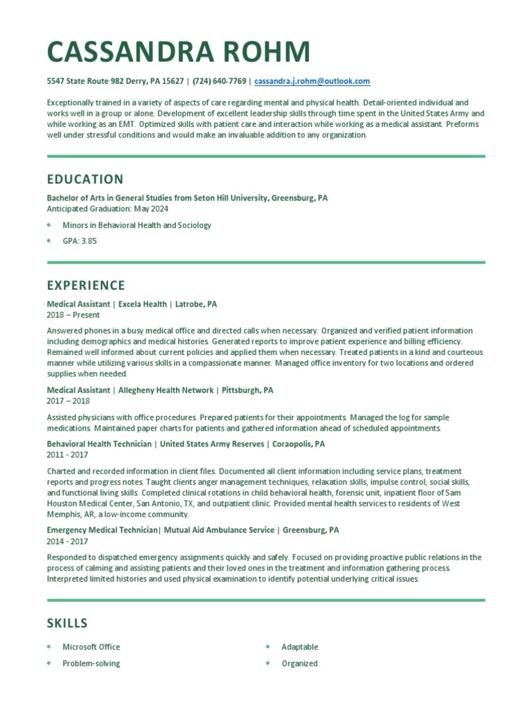 Cassandra Rohm Resume | Download Free PDF | Mental Health | Patient