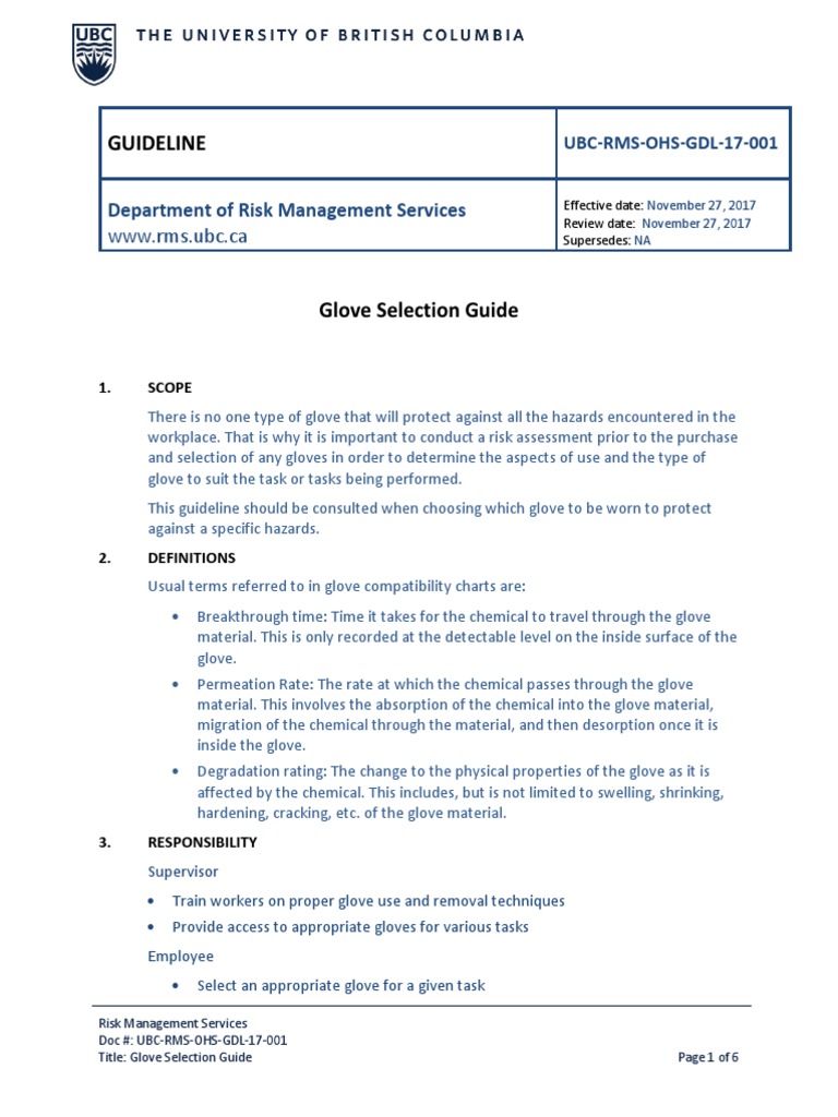 Glove Selection Guide GDL 1 | PDF | Hazards | Radioactive Contamination