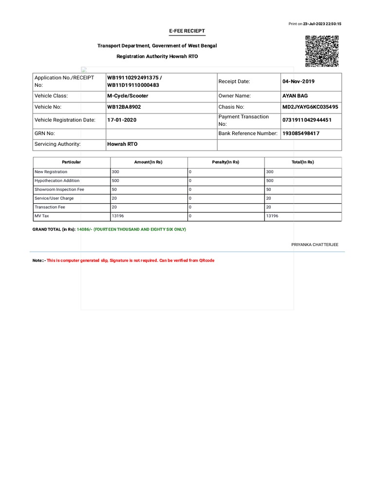 Vahan 4.0 Tax Receipt for Vehicle Registration | PDF | Receipt ...