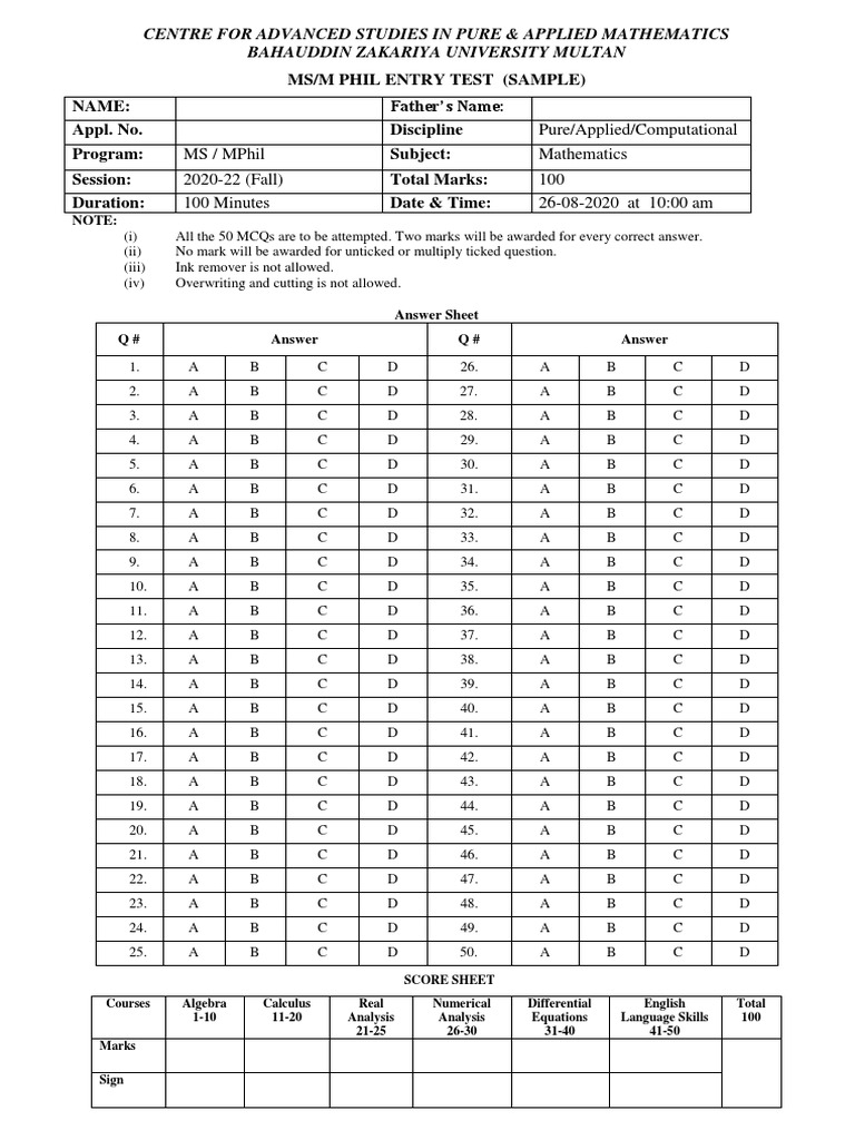 MPhil Mathematics Entry Test Sample | PDF | Group (Mathematics) | Algebra