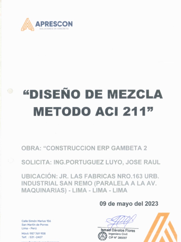 Diseño de Mezcla Metodo Aci 211 | PDF