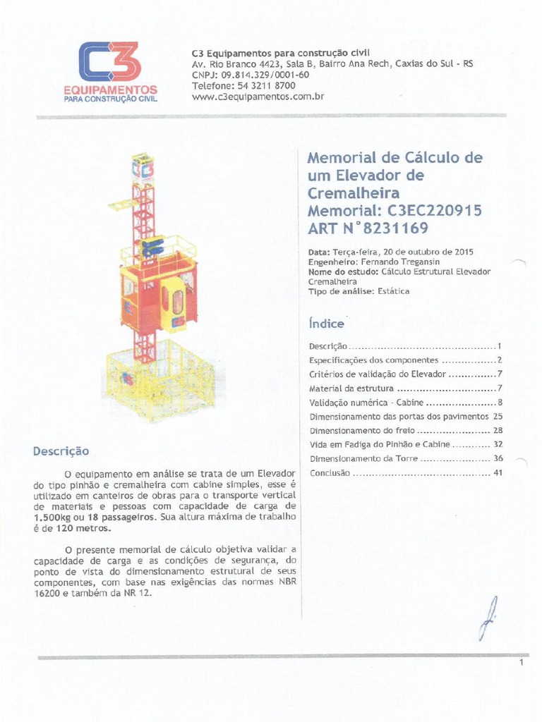 Memorial de Calculo Elevador c3 PDF Free | PDF
