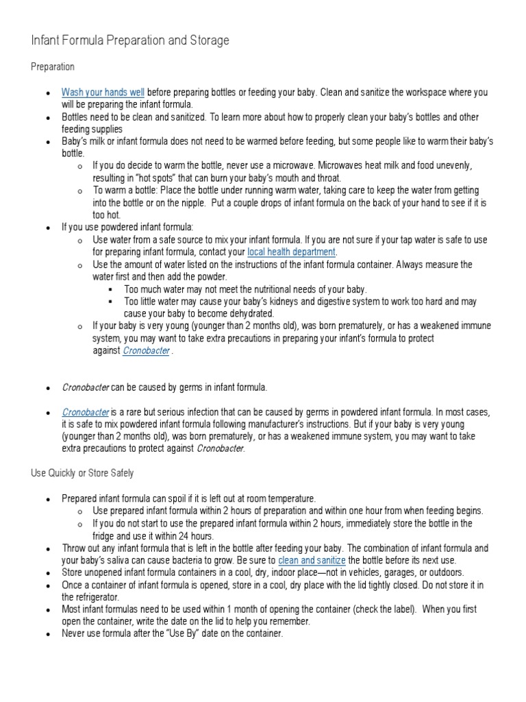 Formula Preparation and Storage | PDF | Infant Formula | Medical ...