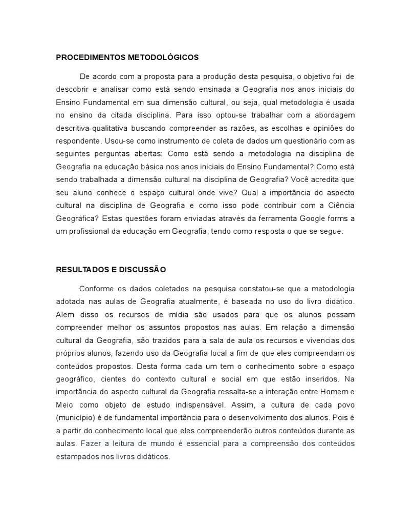 Procedimentos Metodológicos | PDF | Geografia | Aprendizado