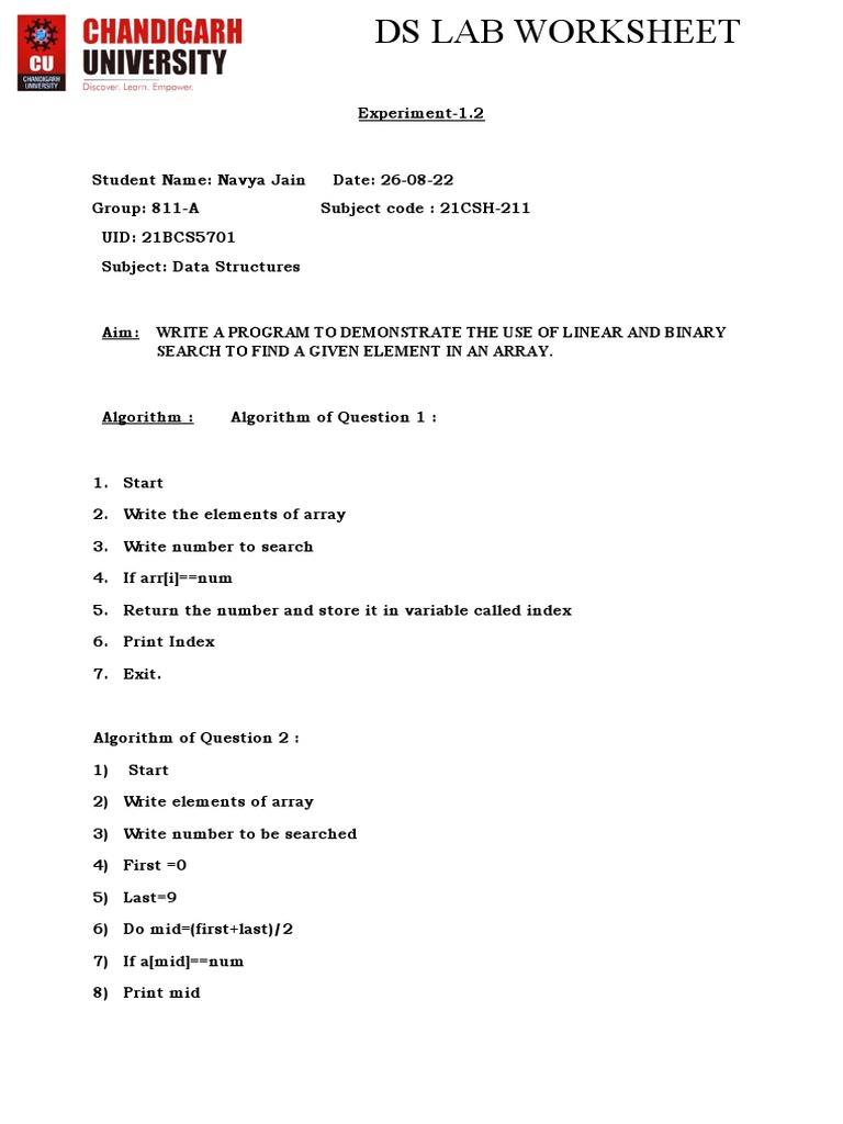 21BCS5701 - Navya Jain - DSA - 1.2 | PDF | Algorithms And Data Structures | Computer Data