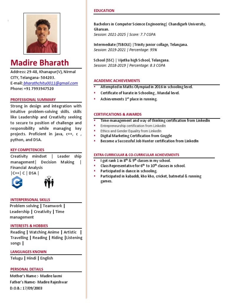 Bharath 21bcs10120 Resume | PDF | Cognition