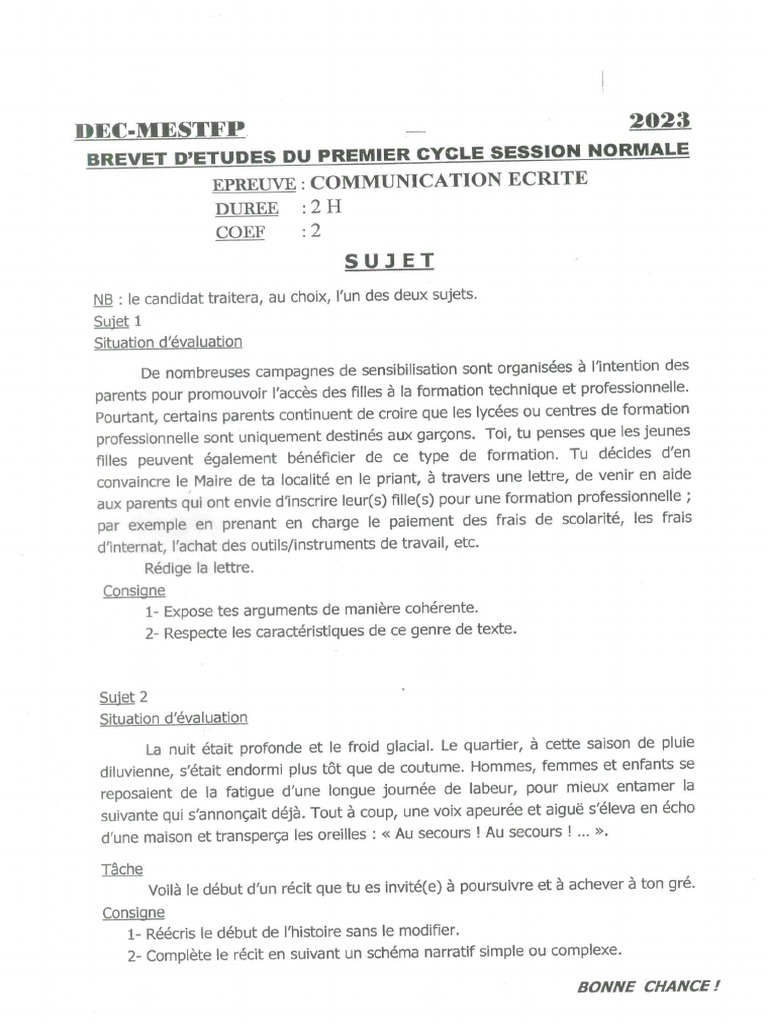 Compilation - Sujets Examen Du Bepc 2023 - Benin | PDF