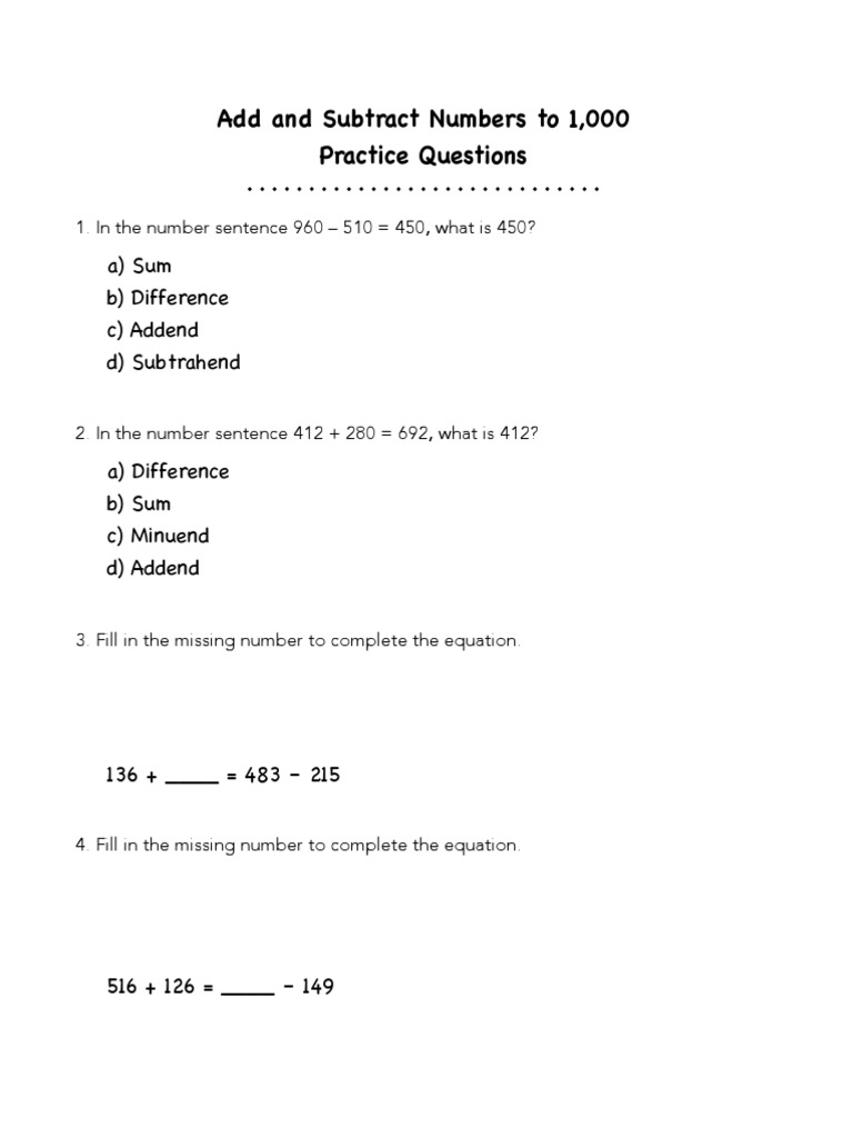 Add And Subtract Numbers To 1 000 PDF