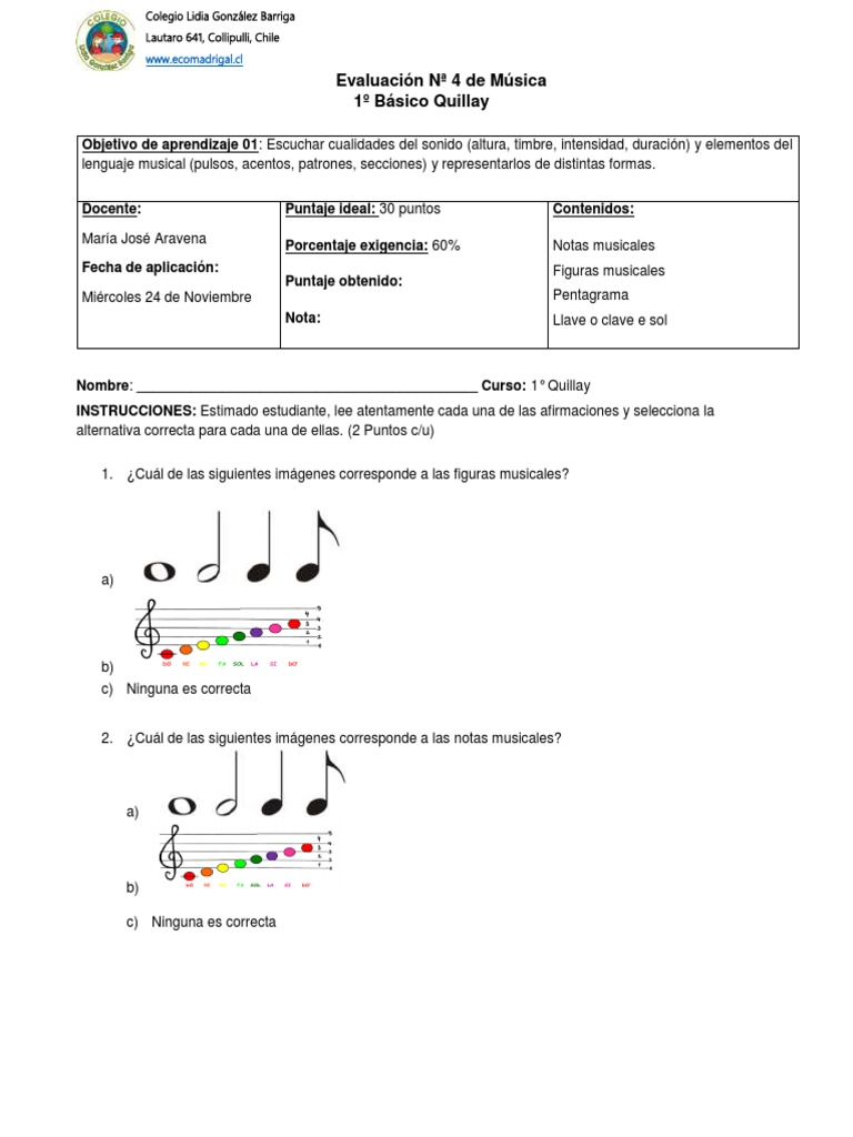 Evaluación Música 1° Básico | PDF | Clave | Musicología
