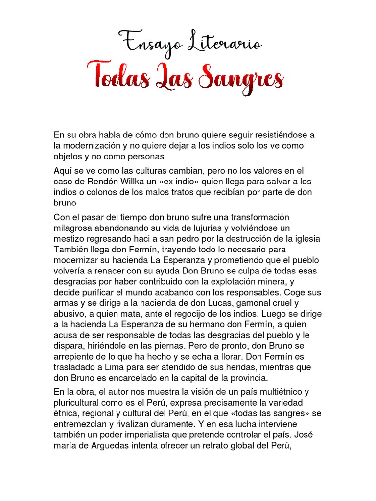 Ensayo Literario - Todas Las Sangres | PDF Ensayo Literario - Todas Las Sangres | PDF