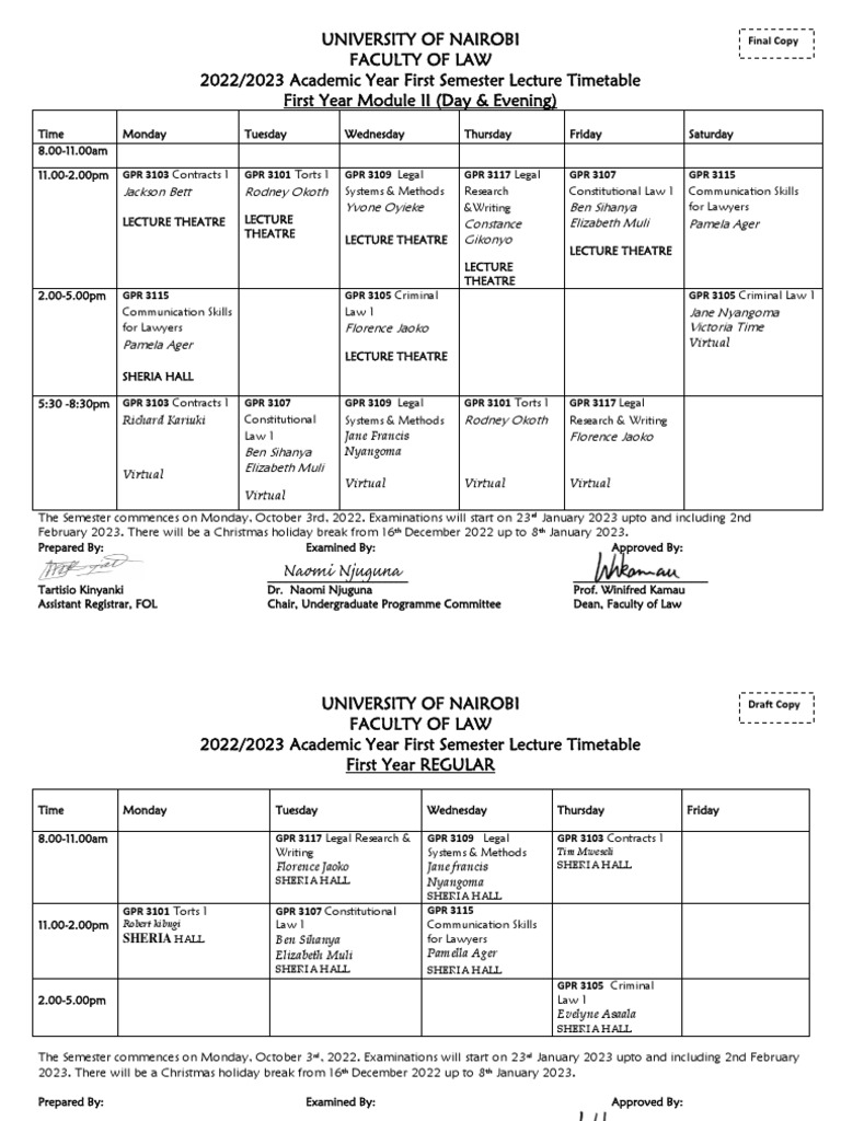 1ST YEARS 2022 Timetable Final New Codes (1) (1) - Signed | PDF | Academic Term | Justice