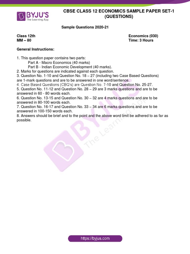 Cbse Class 12 Economics Sample Paper Set 1 Questions | PDF | Income ...