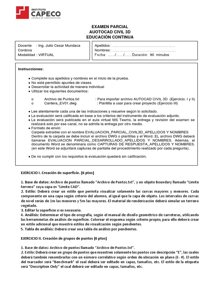 Examen Autocad Civil 3D | PDF | Evaluación