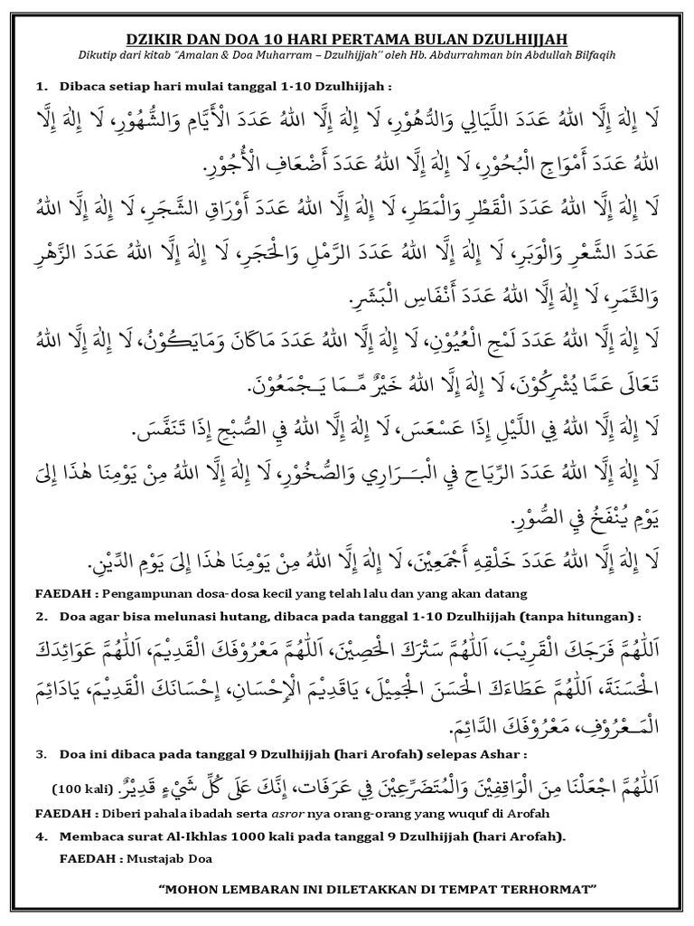 Dzikir Dan Doa 10 Hari Pertama Bulan Dzulhijjah | PDF