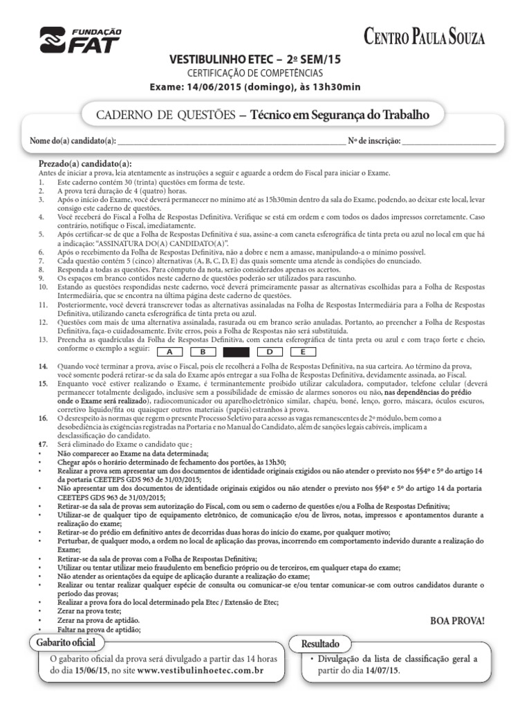 Seguranca Do Trabalho - Rem - 2s 2015 Prova | PDF | Sociedade | Humano