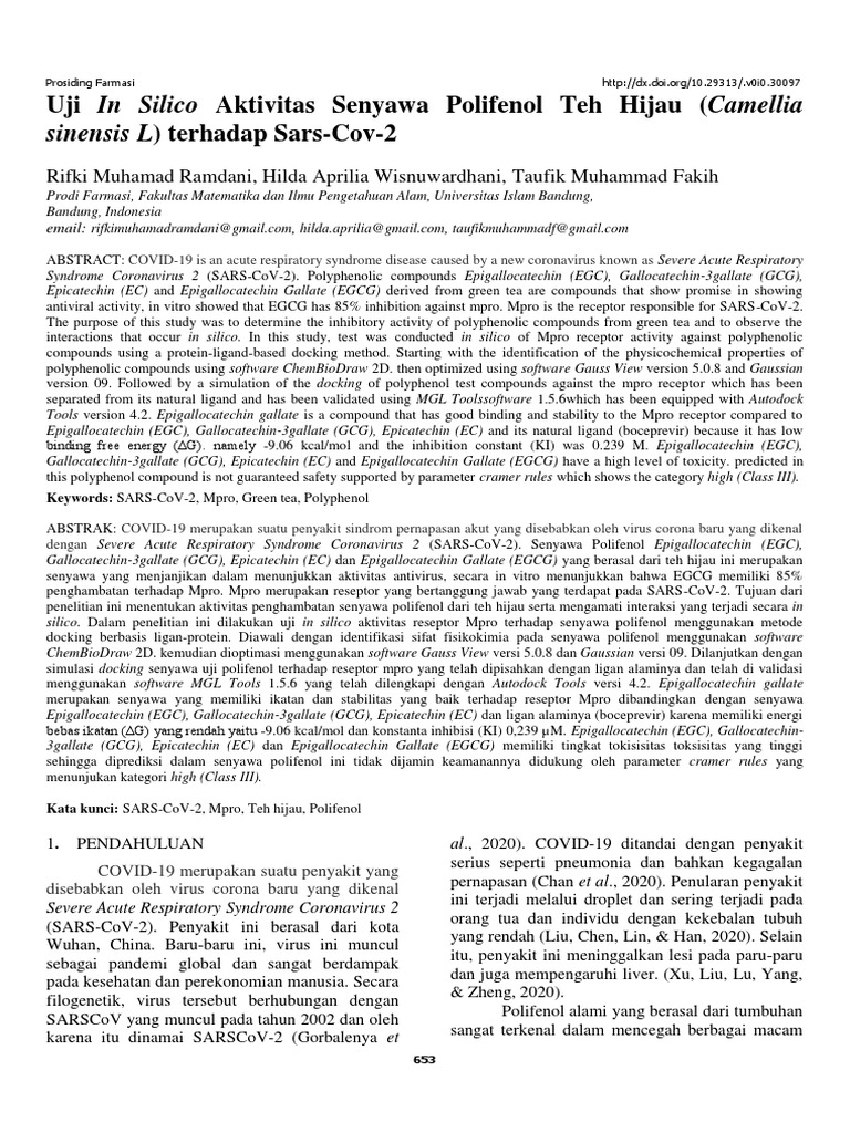 Uji in Silico Aktivitas Senyawa Polifenol Teh Hijau (Camellia Sinensis L) Terhadap Sars-Cov-2 | PDF