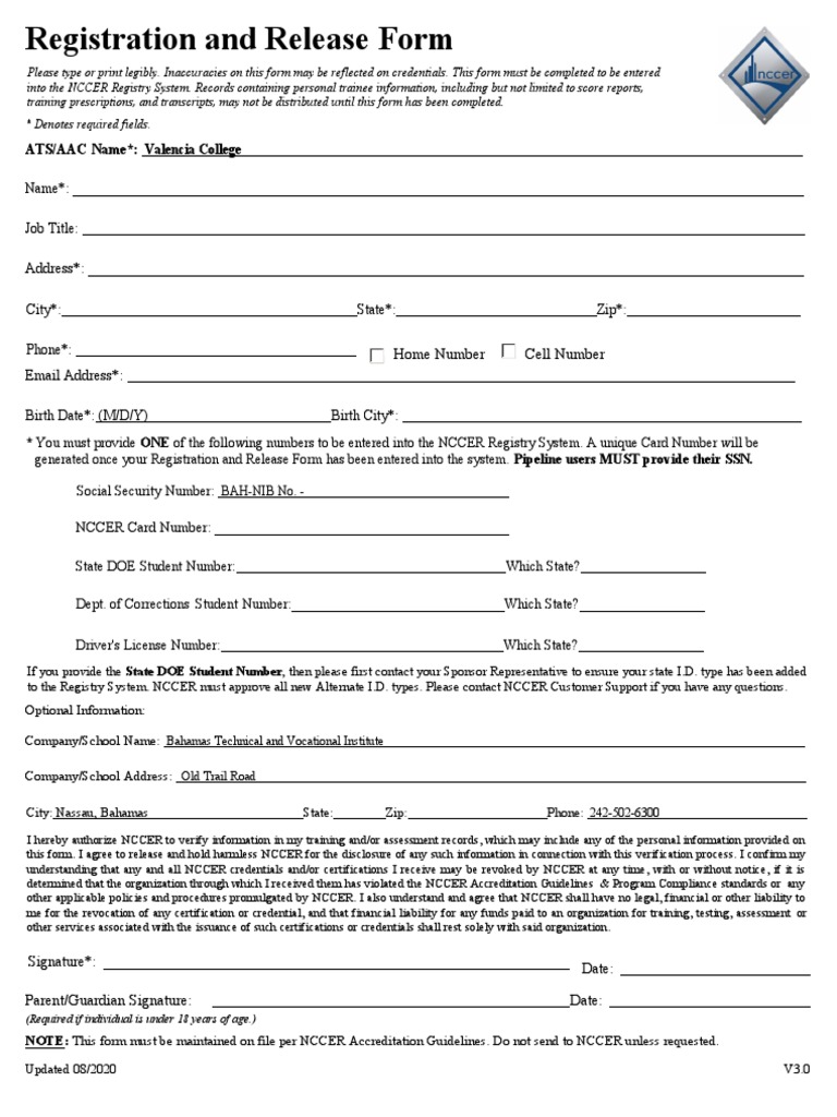 NCCER Craft Registrationandreleaseform-1 | PDF | Identity Document ...