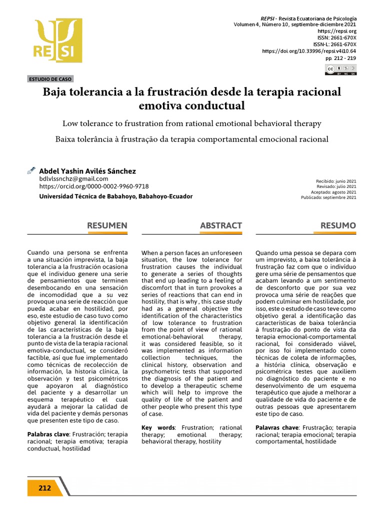 Baja Tolerancia A La Frustración Desde La Terapia Racional. Avilés, Y. | Download grátis PDF ...