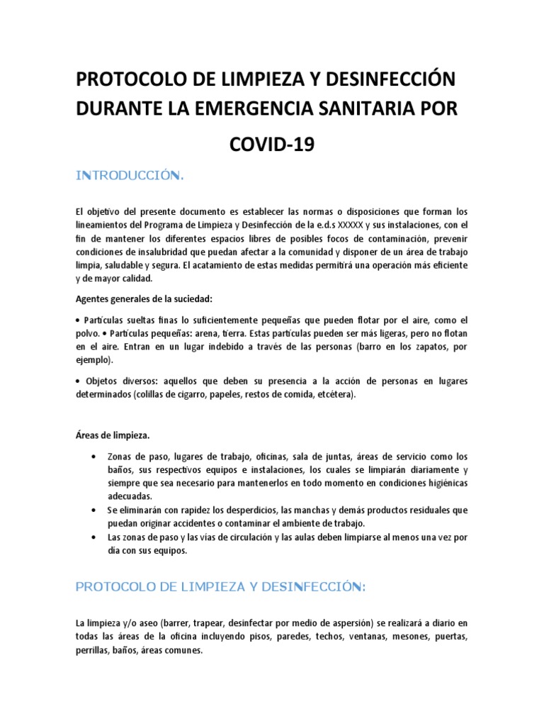 PROTOCOLO DE LIMPIEZA y Desinfeccion en Eds o Empresa | PDF | Lavado de manos | Higiene