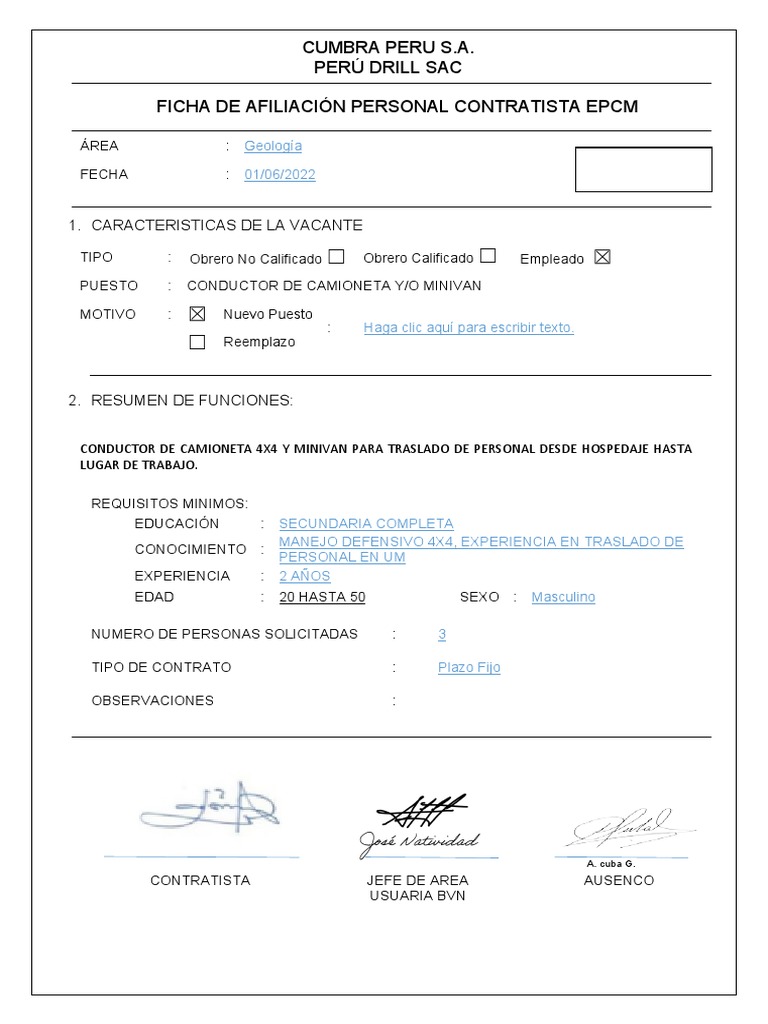 (RQ-1067) Anexo N4 Ficha de Afiliación de Personal Contratista - Peru Drill SAC - Conductor de ...