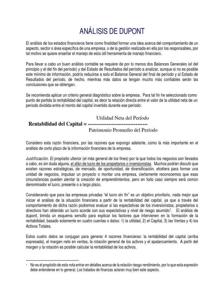 Análisis de Dupont | PDF | Rentabilidad sobre recursos propios | Apalancamiento (Finanzas)