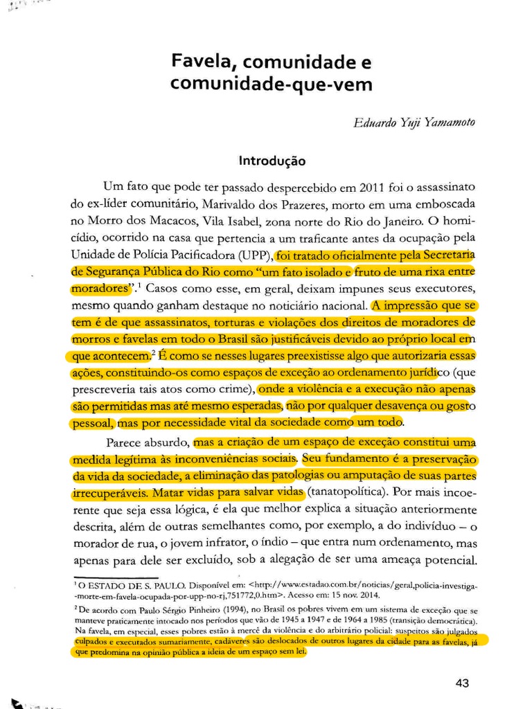 YAMAMOTO, Eduardo Yuji. Favela, Comunidade e Comunidade-que-Vem | PDF