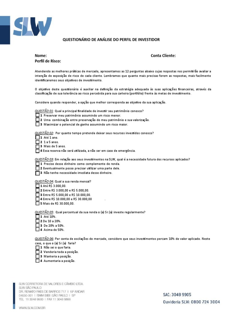 Questionário API 2019 SLW | PDF | Renda fixa | Avaliação de risco