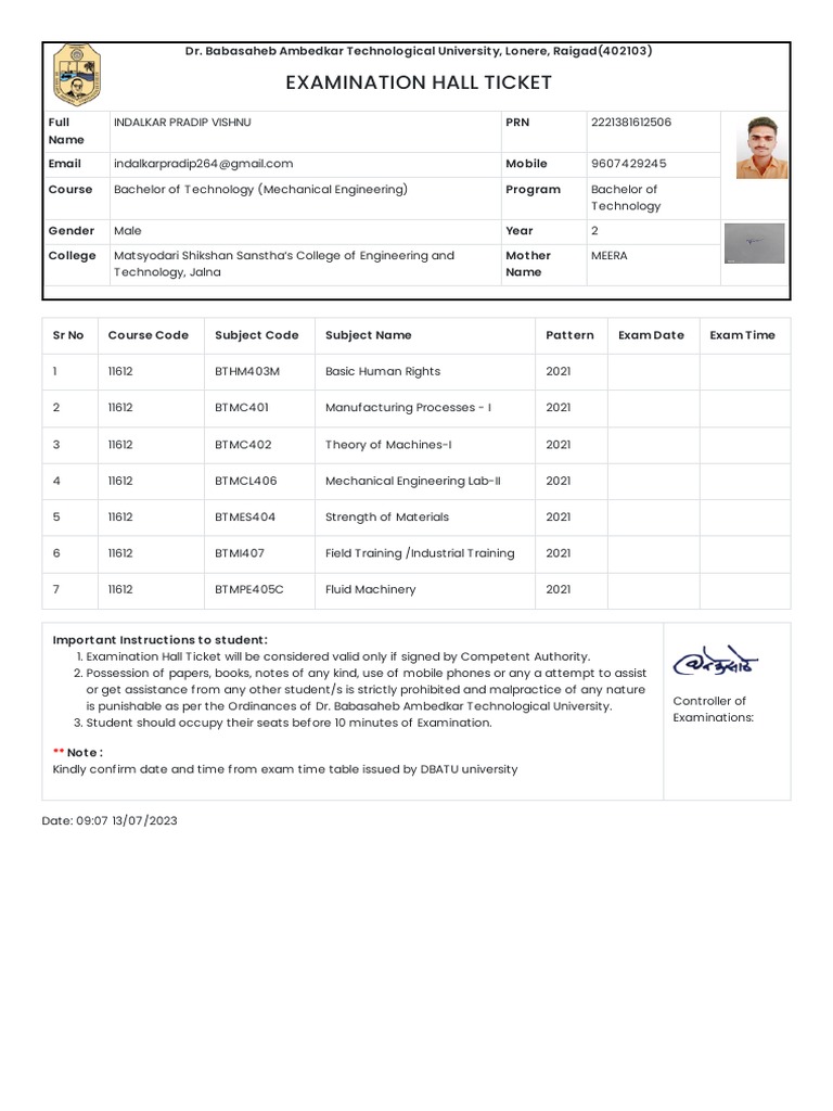 Engineering Exam Hall Ticket | PDF | Physical Sciences | Engineering