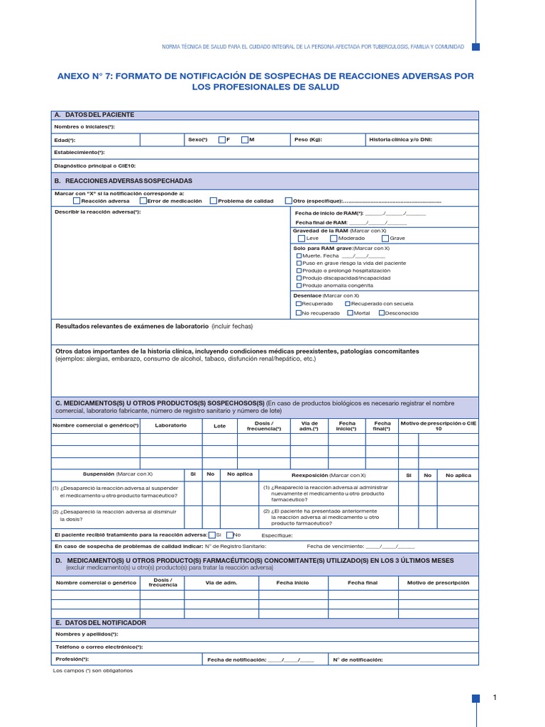 ANEXO 07. Formato de Notificación de Sospechas de Reacciones Adversas Por Los Profesionales de ...