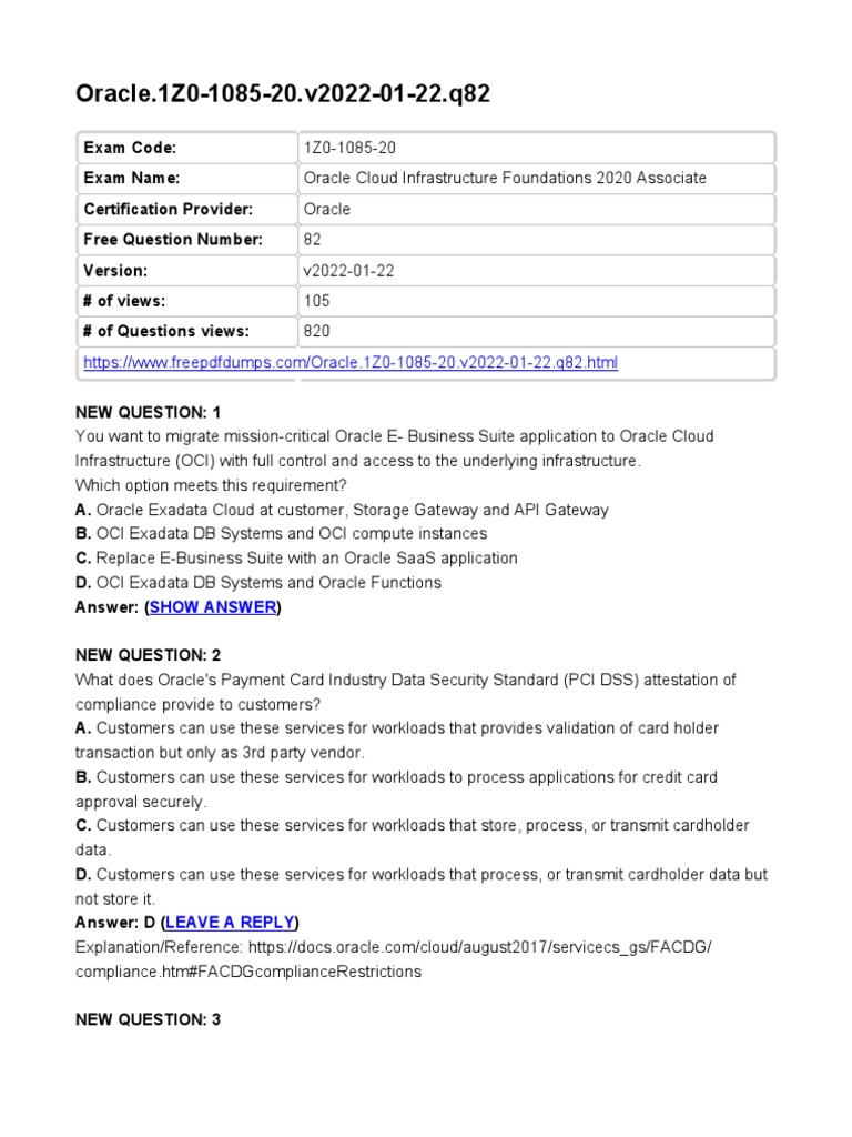 OCI 1Z0-1085-20 Exam Overview and Questions | PDF | Cloud Computing | Computer Network