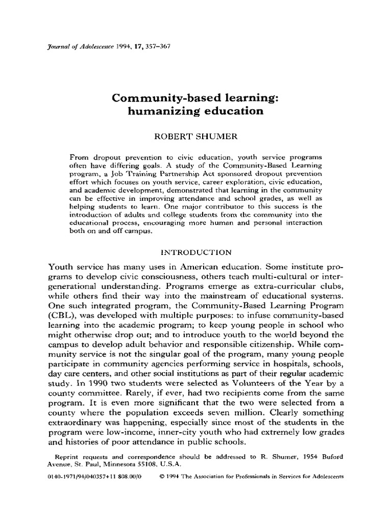 Community Based Learning Humanizing Educ | PDF
