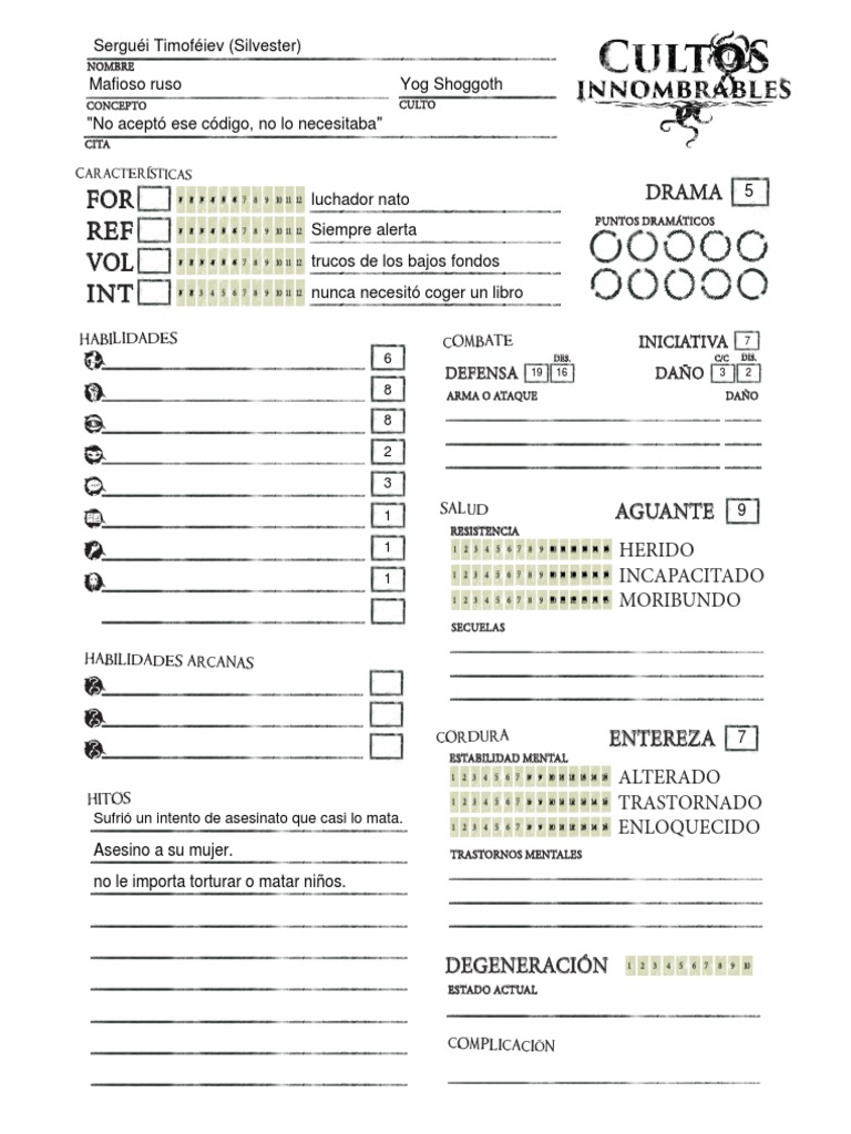 Ficha Editable Cultos Innombrables | PDF
