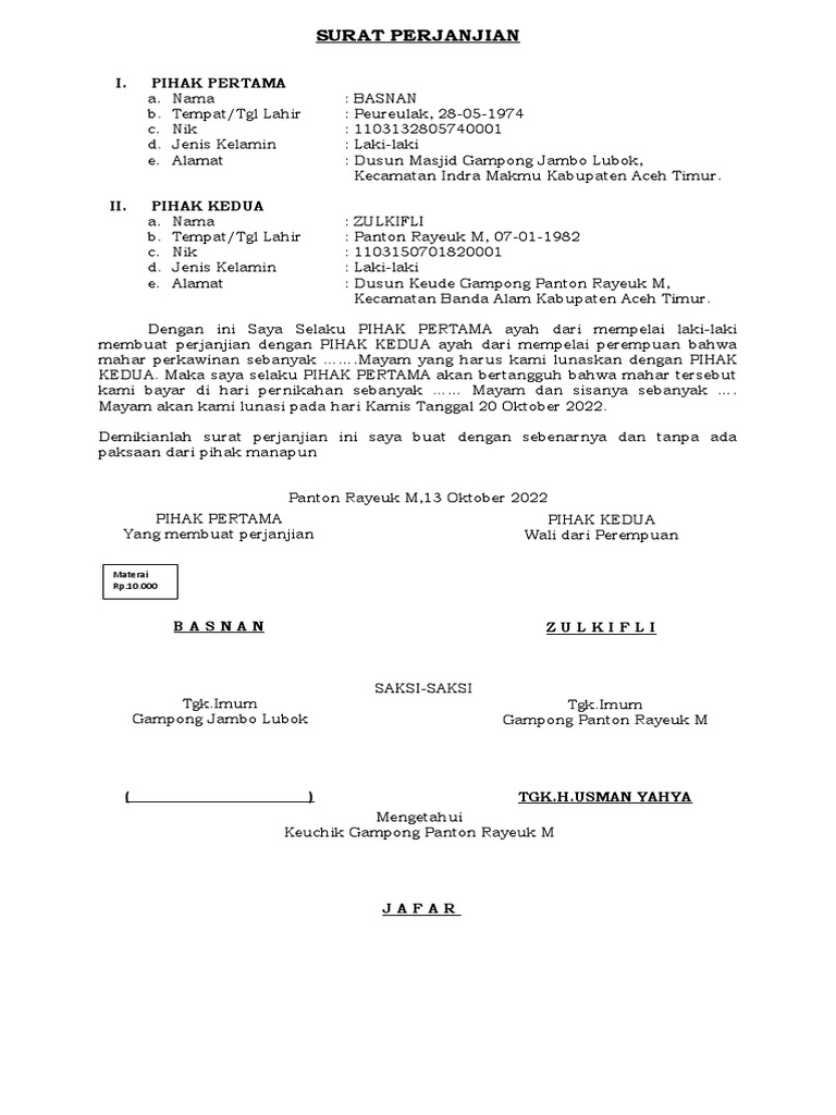Contoh Perjanjian Pra Nikah Aceh | PDF